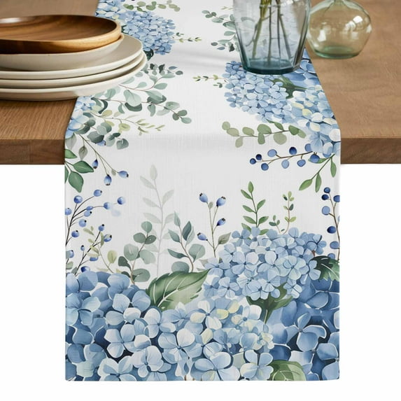 Blue Flower Table Runner, Sage Green Eucalyptus Leaves Farm Plant ...