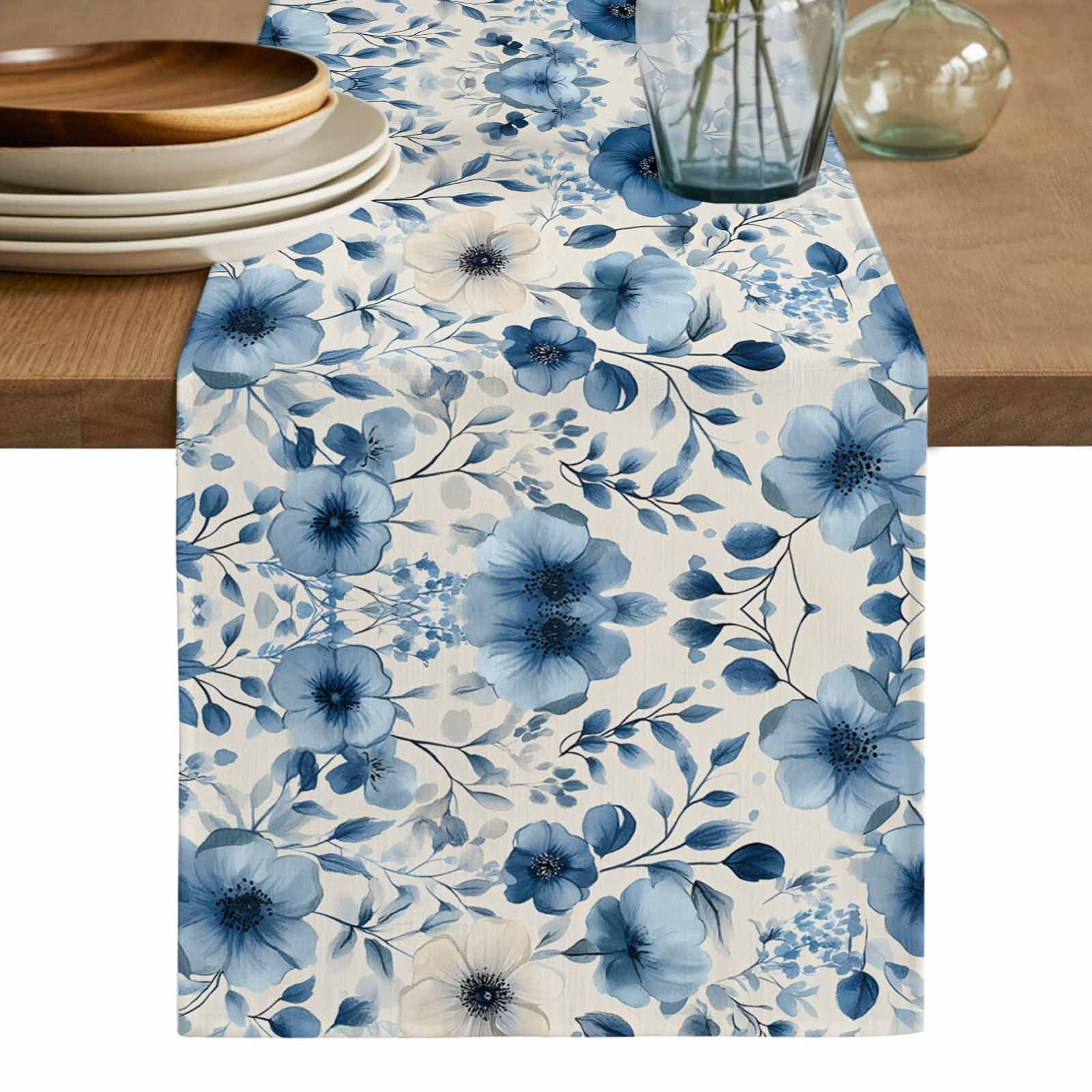 Blue Flower Table Runner, Spring Cottagecore Blooms Botanica Floral ...