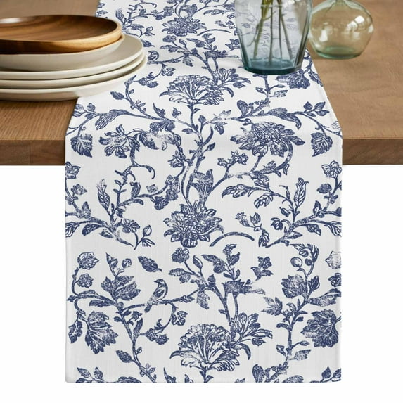 Blue Flower Table Runner, Spring Leaf Vintage Farmhouse Boho Plant ...