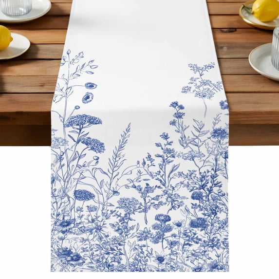 Blue Flower Table Runner, Spring Wildflowers Blue White Line Botanical ...