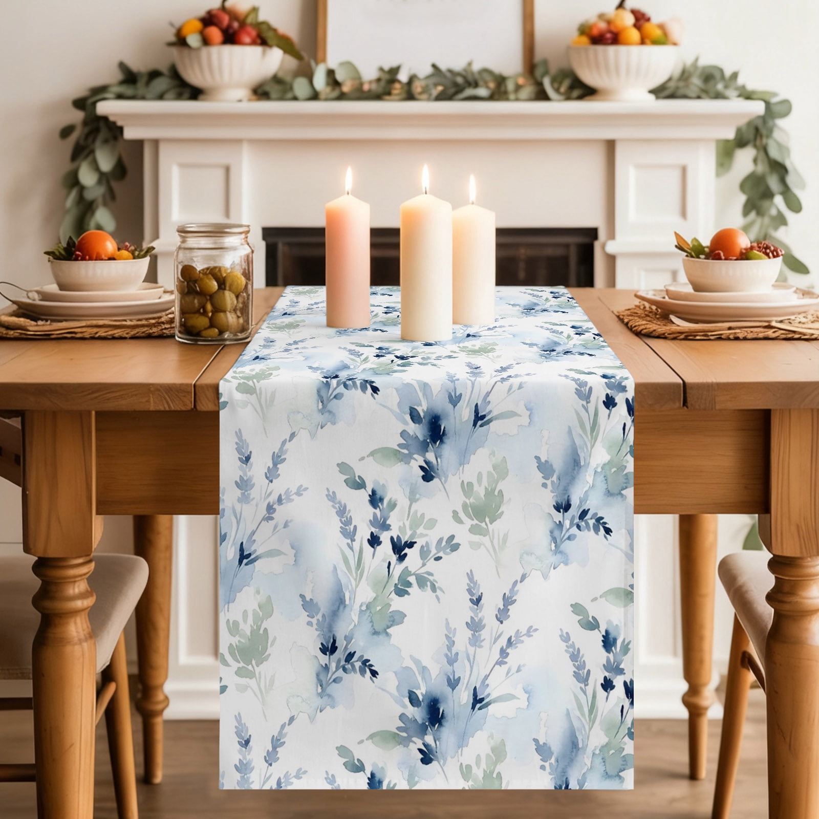 Blue Flower Table Runner, Summer Country Blue Lavender Watercolor ...