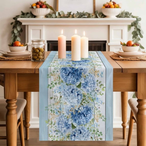 Blue Flower Table Runner, Summer Country Hydrangea Floral Blue Wood ...