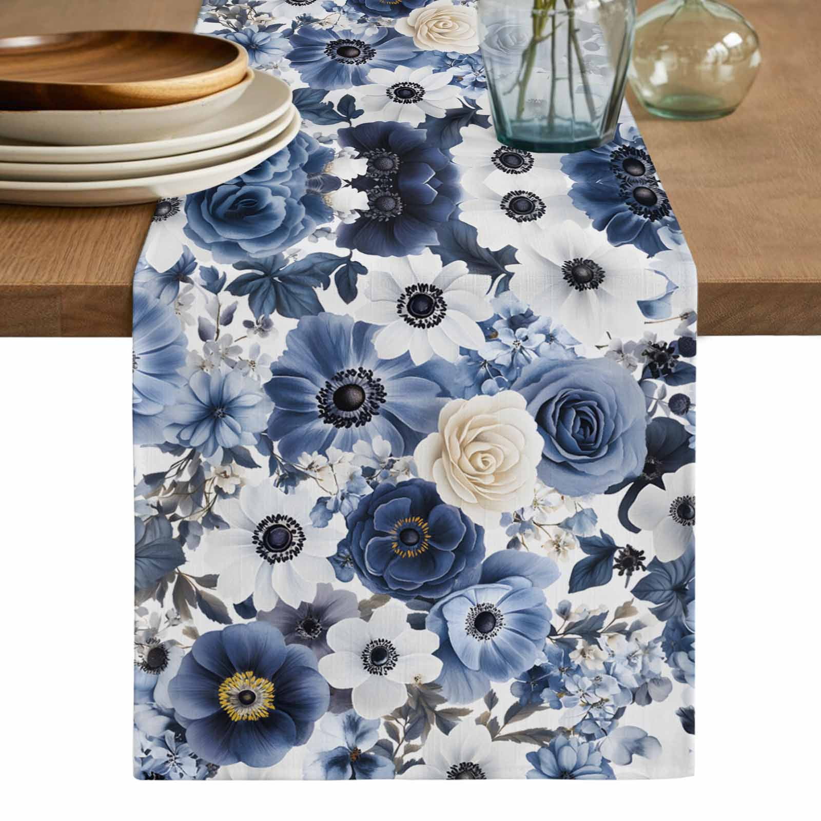 Blue Flower Table Runner, Vintage Ink Rose Floral Spring Botanical ...