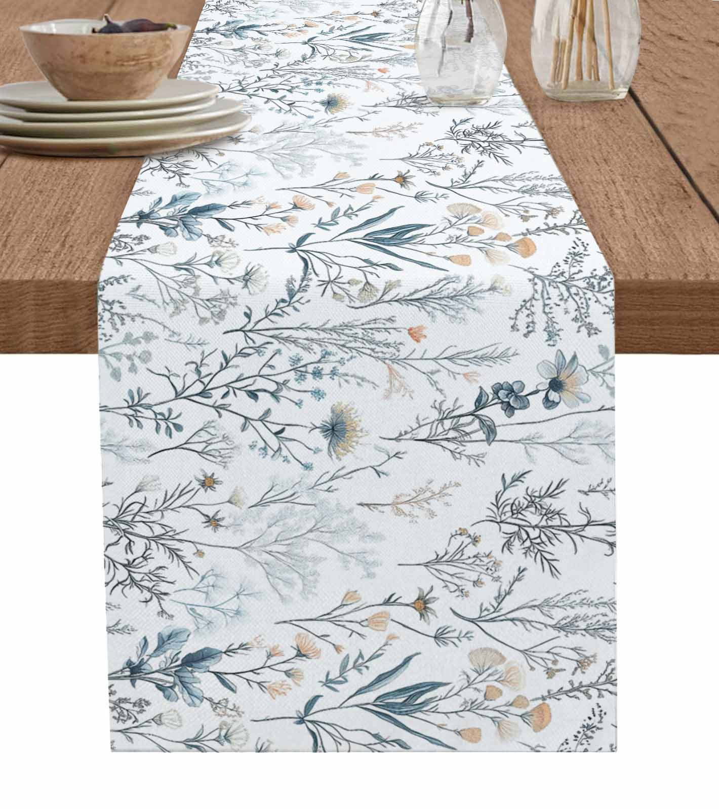 Blue Flower Table Runner Watercolor Floral Leaves Spring Botanical ...