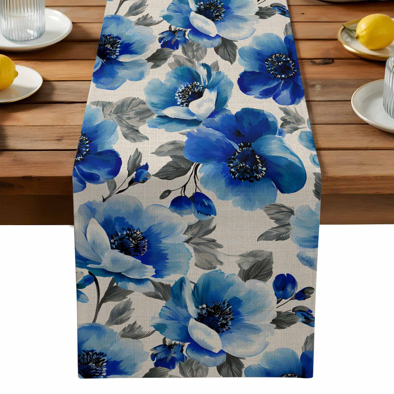 Blue Flower Table Runner, Watercolor Gradient Blue White Floral Grey ...