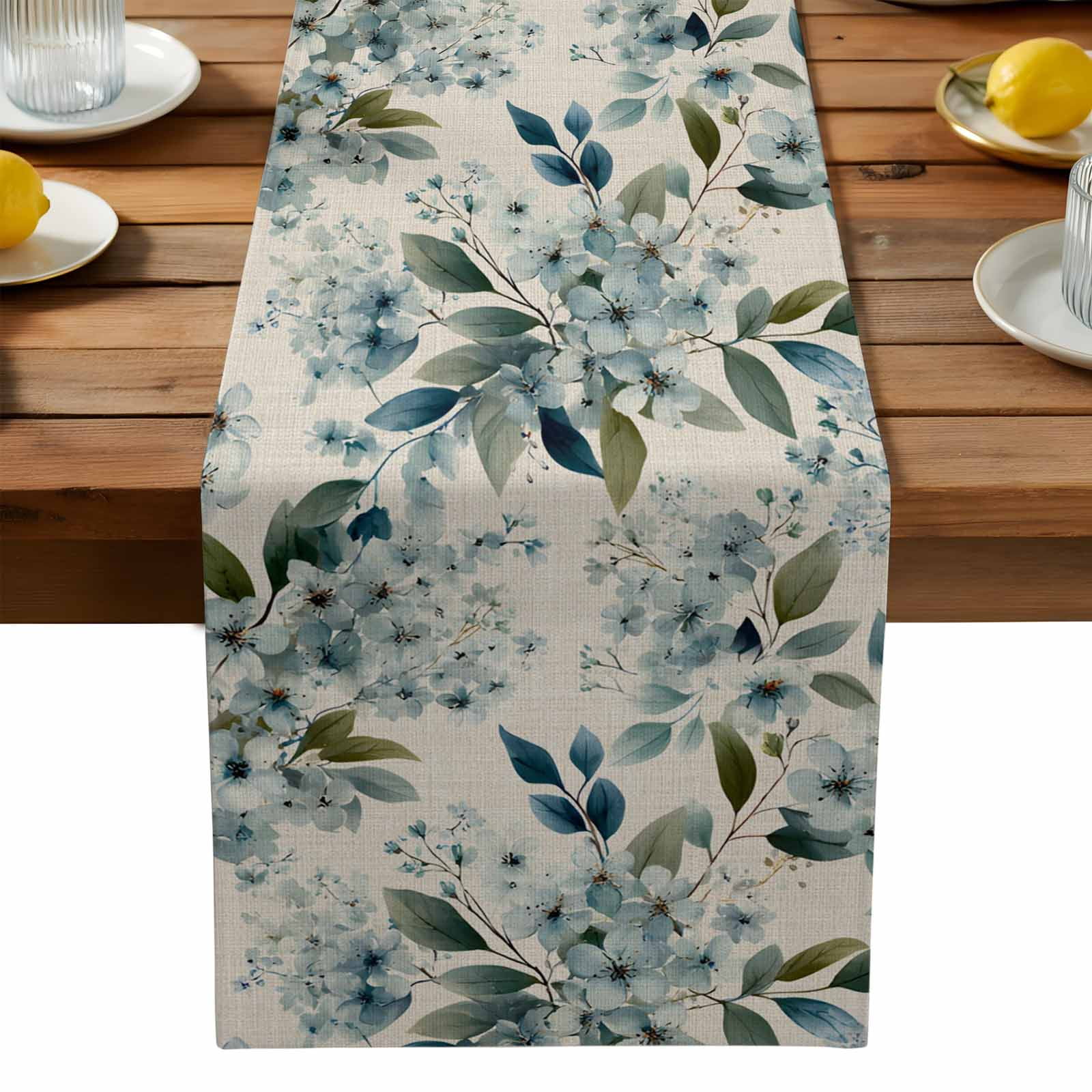 Blue Flower Table Runner, Watercolor Spring Blue Floral Green Leaf ...