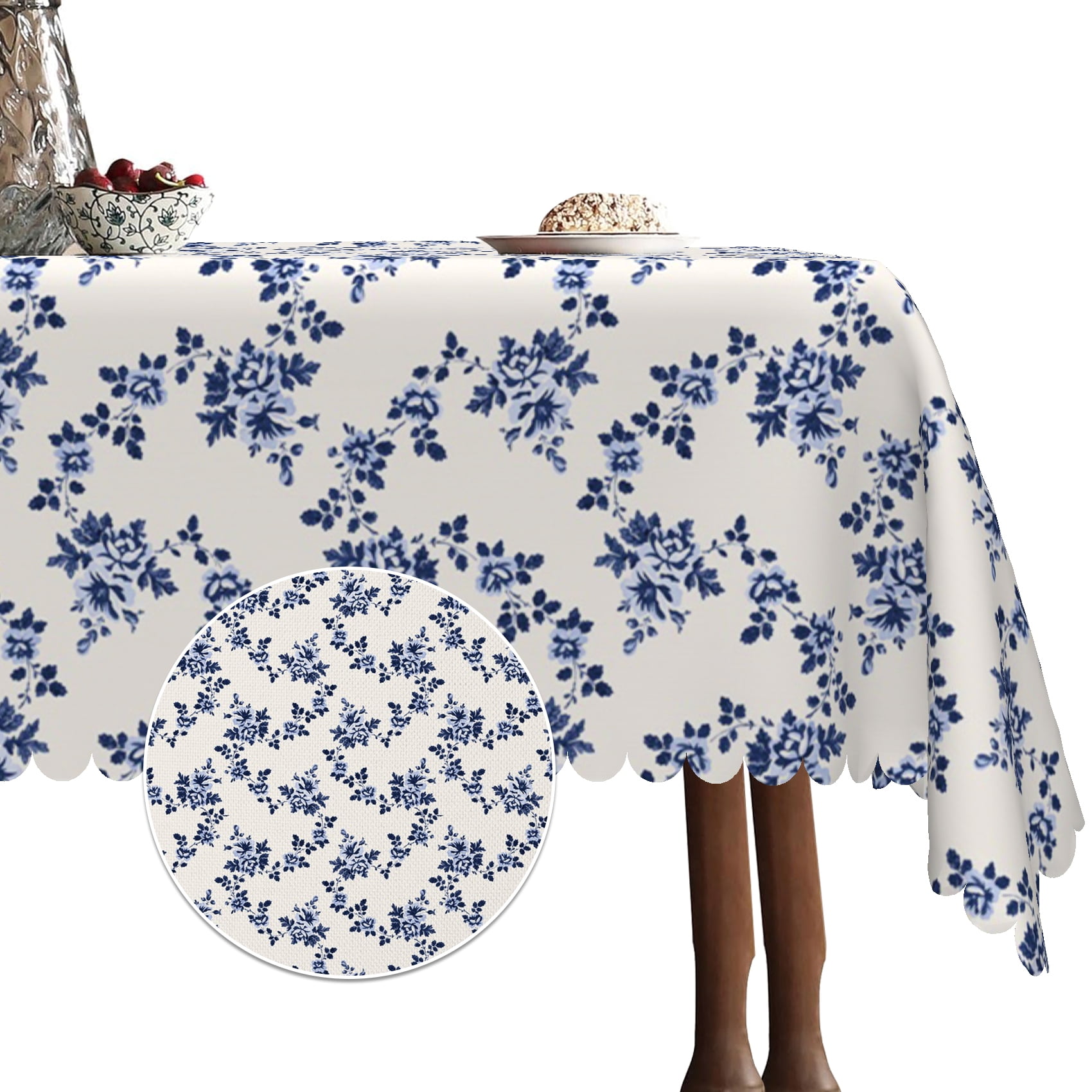Blue Flower Tablecloth,Linen Table Cloth with Flowers,Table Cover for ...