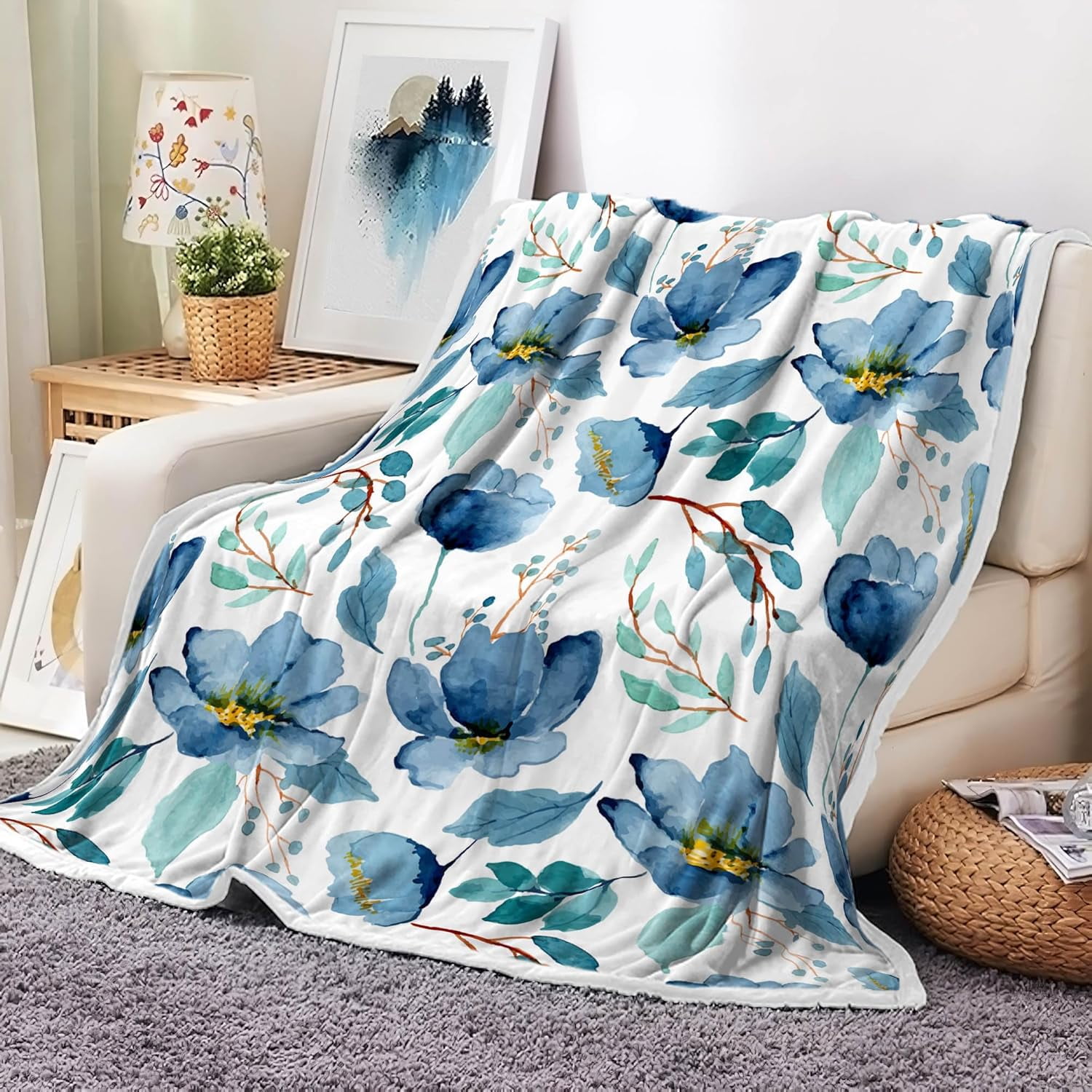 Blue Flower Throw Blanket, Watercolor Teal and Blue Floral Super Soft ...