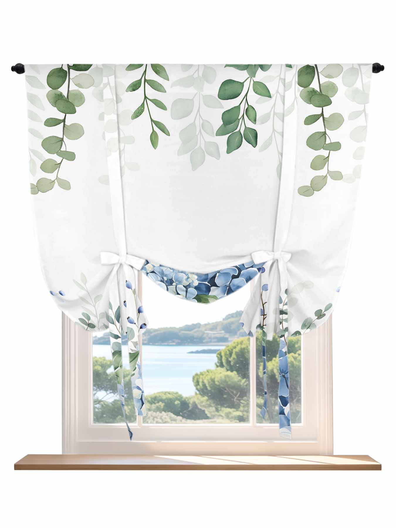 Blue Flower Tie Up Curtains for Windows 63 Inch Length Balloon Curtains ...