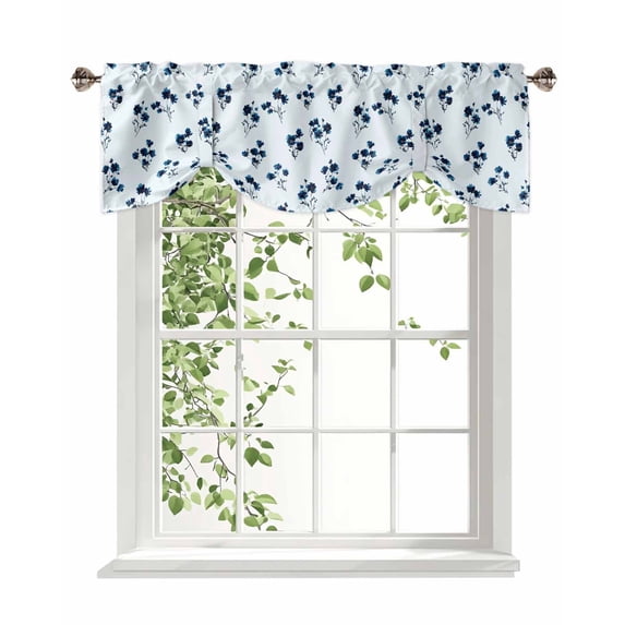 Blue Flower Tie Up Valances Curtain, Watercolor Floral Country Plant ...