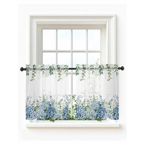 Blue Flower Tier Curtains 24 Inch Length,Sheer Curtains for Bedroom ...