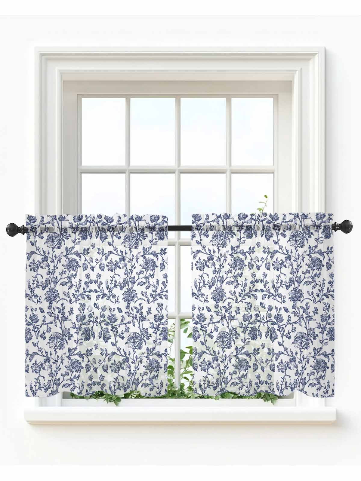 Blue Flower Tier Curtains 36 Inch Length,Sheer Curtains for Bedroom ...