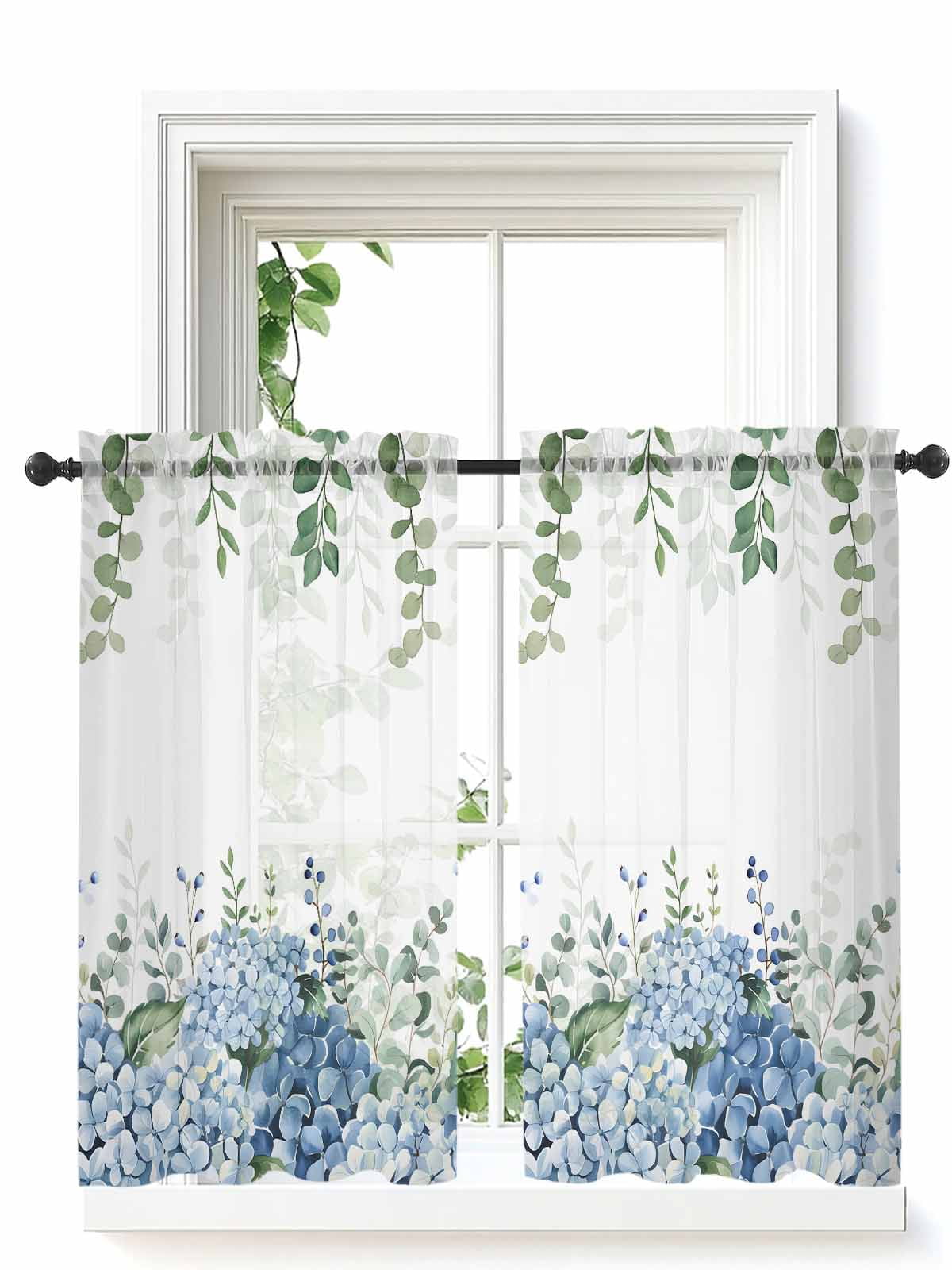 Blue Flower Tier Curtains 45 Inch Length,Sheer Curtains for Bedroom ...