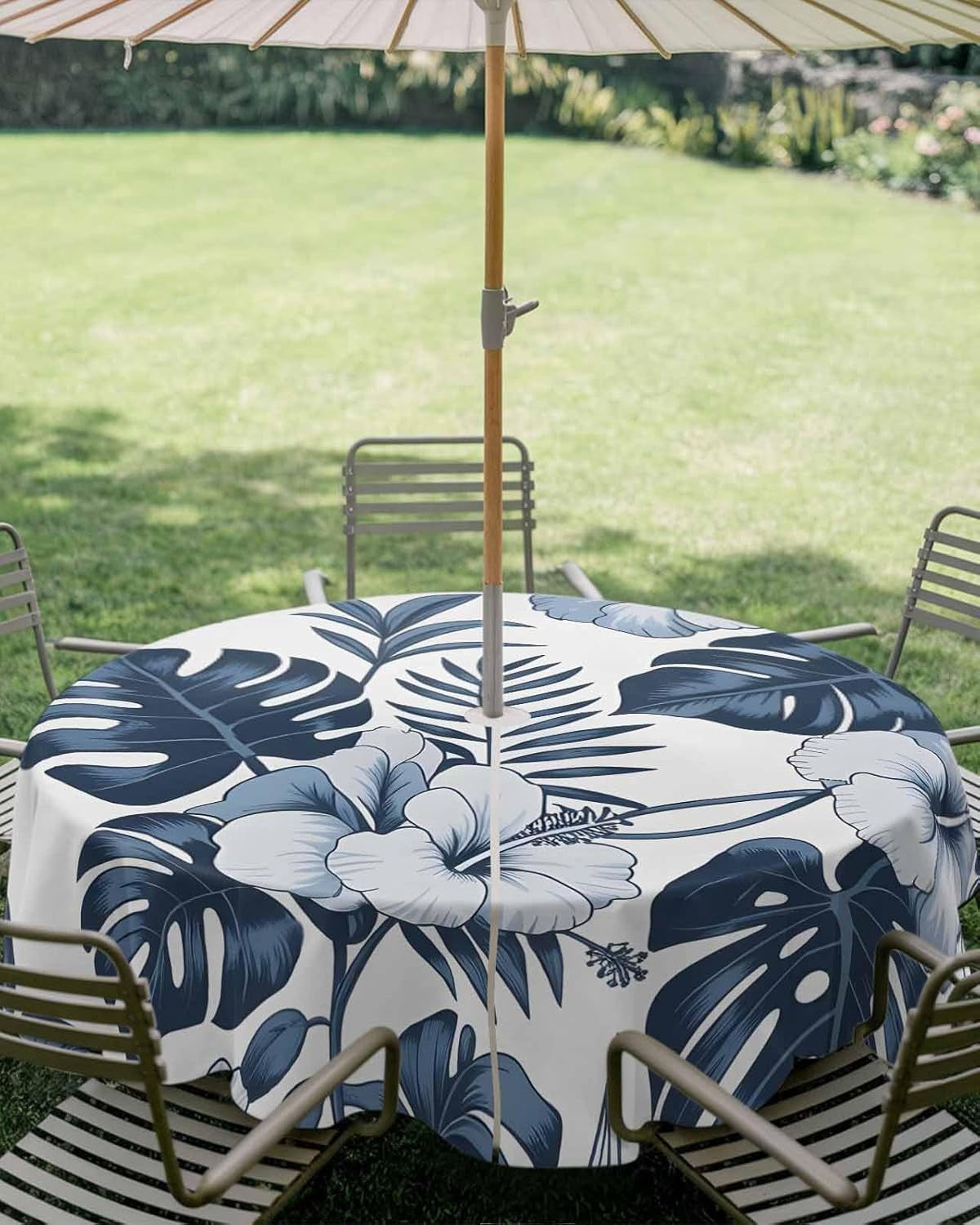 Blue Flower Tropical Palm Leaves Outdoor Tablecloth with Umbrella Hole ...
