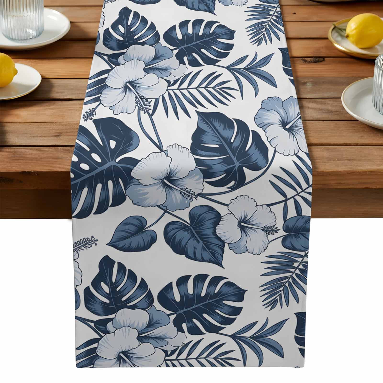 Blue Flower Tropical Palm Leaves Table Runner-72 Inch Long Hawaiian ...