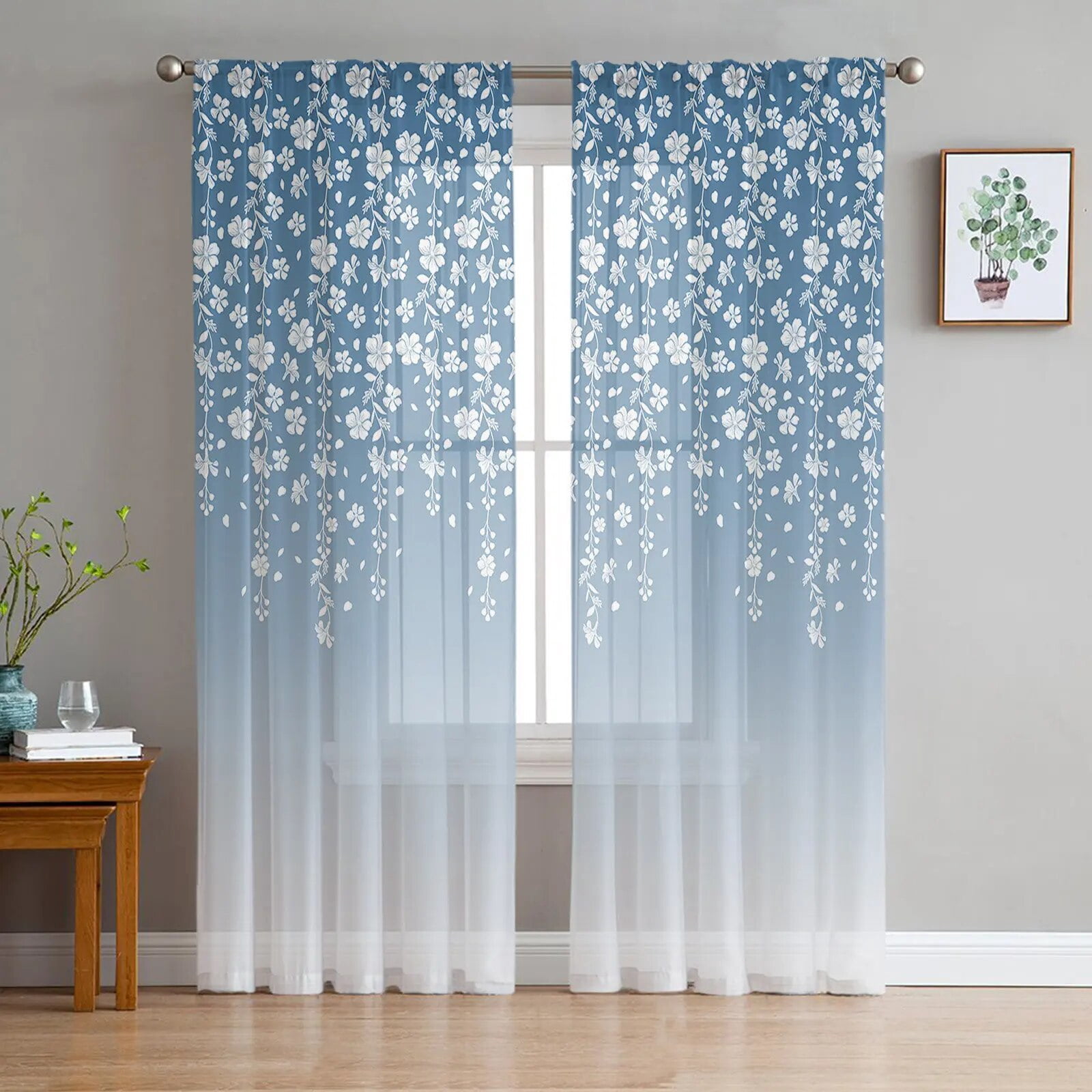 Blue Flower Tulle Curtains Balcony Room Fashion Printed Sheer Curtain ...