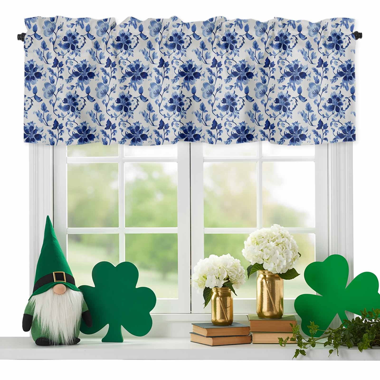 Blue Flower Valances for Windows, Abstract Watercolor Vintage Country ...