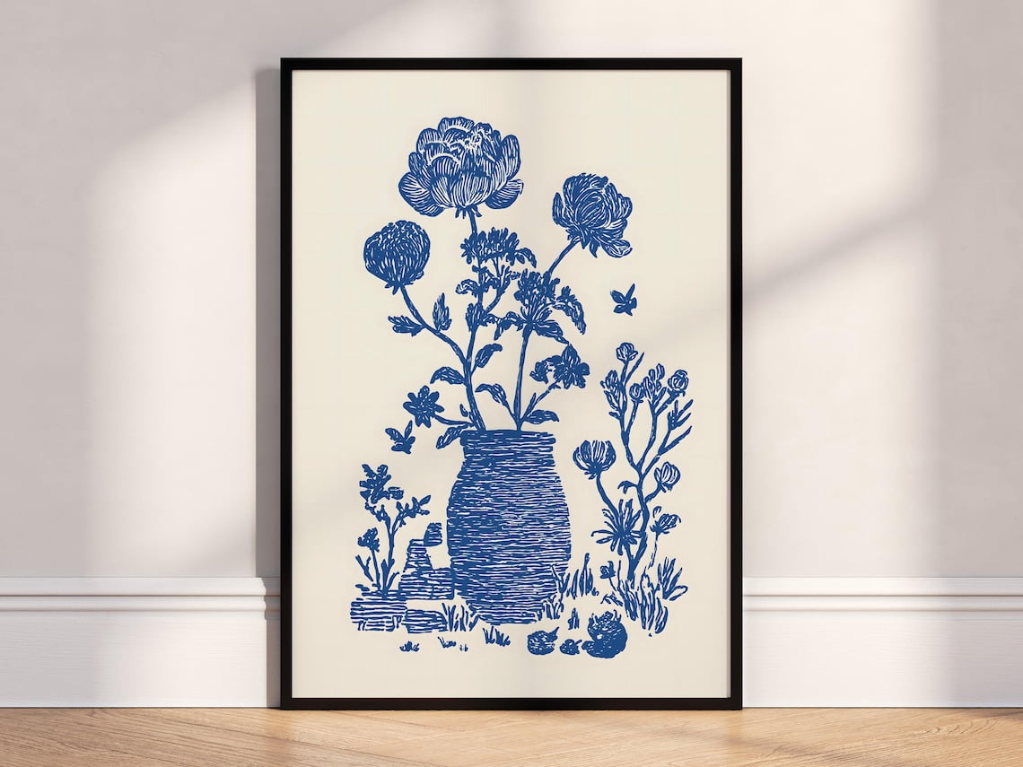 Blue Flower Vase Minimalist Botanical Art Poster Unframed Paper Print ...