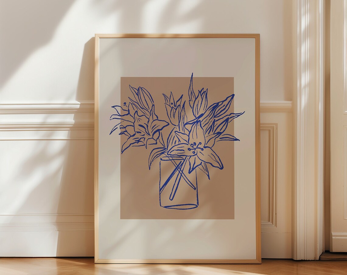 Blue Flower Vase Poster, , Abstract Botanical Wall Art, Flower Bouquet ...