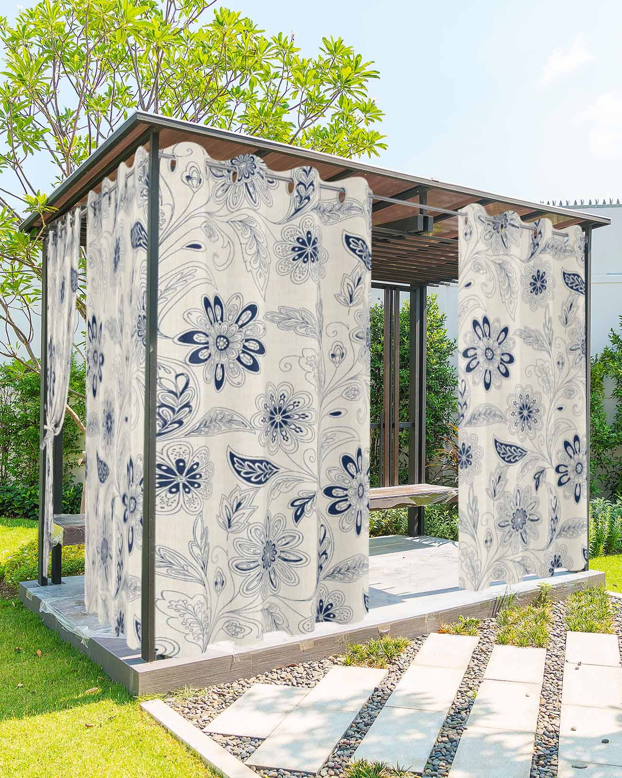 Blue Flower Vintage Outdoor Curtains for Patio, Abstract Ethnic Floral ...