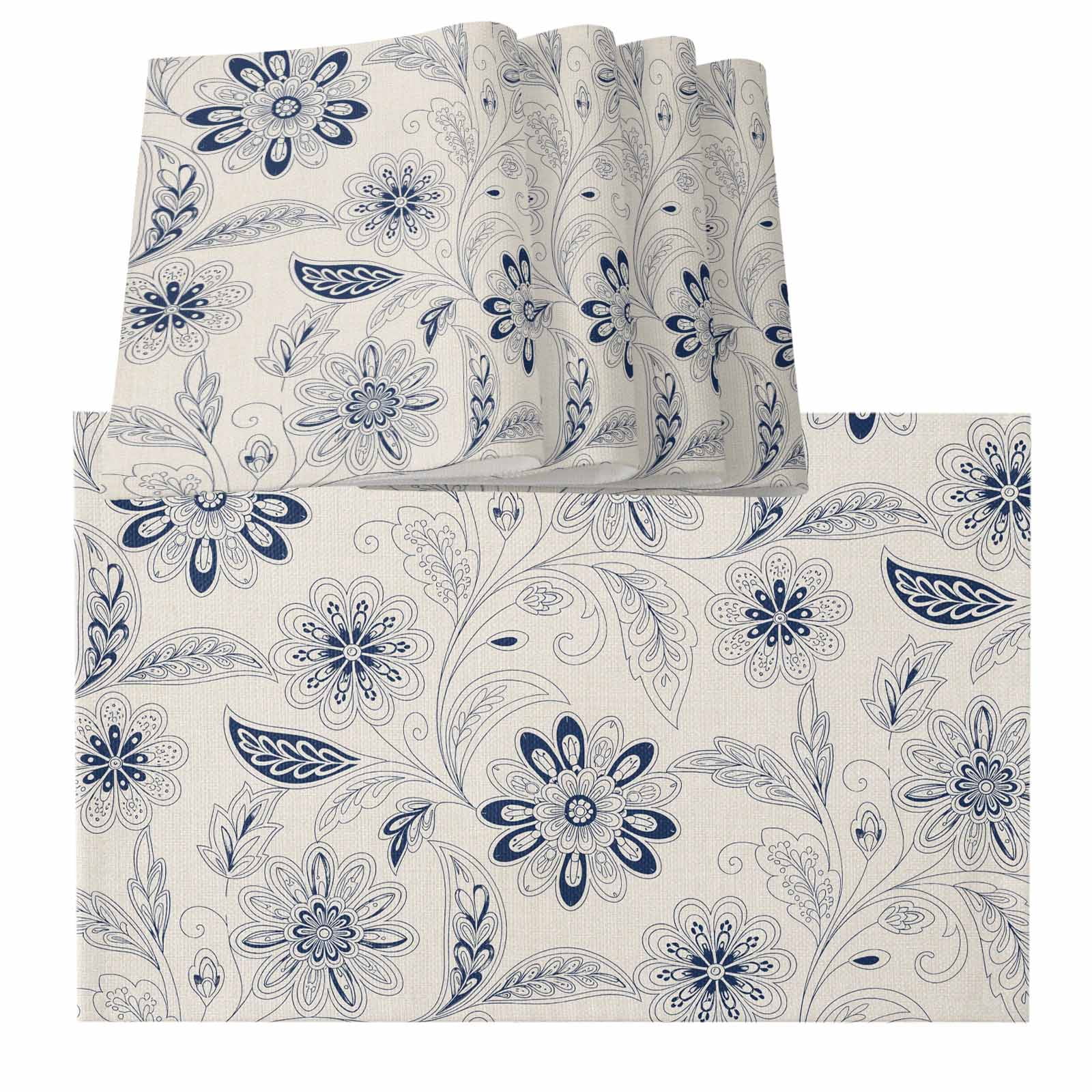 Blue Flower Vintage Placemats for Dinning Table Set of 6, Abstract ...