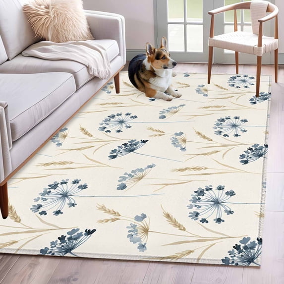 Blue Flower Washable Area Rug 2.7x5 Gold Wheat Country Abstract Plant ...