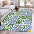 Blue Flower Washable Area Rug 2.7x5 Green Curve Abstract Floral Plaid ...