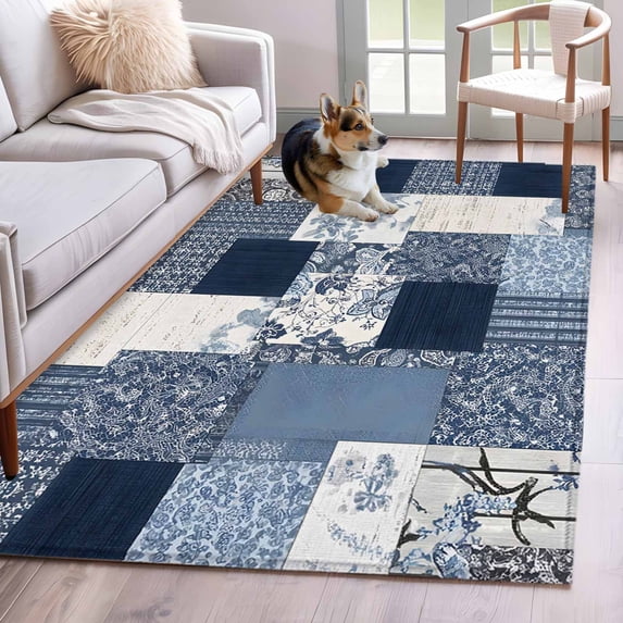 Blue Flower Washable Area Rug 3x5 Retro Watercolor Blue Beige Floral ...