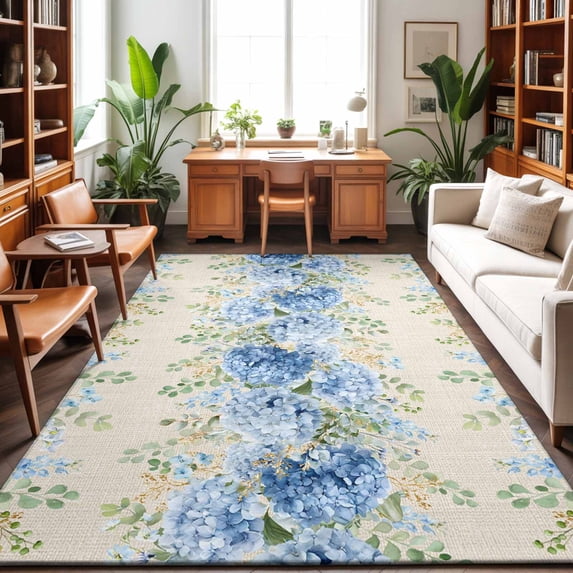 Blue Flower Washable Area Rug 5 x 7 ft Summer Country Hydrangea Floral ...