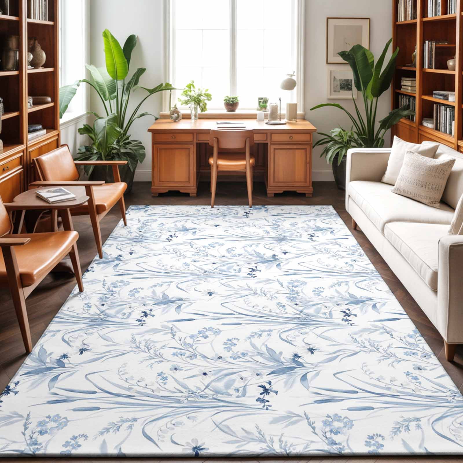 Blue Flower Washable Area Rug 8 x 10 ft Country Vintage Minimalist ...