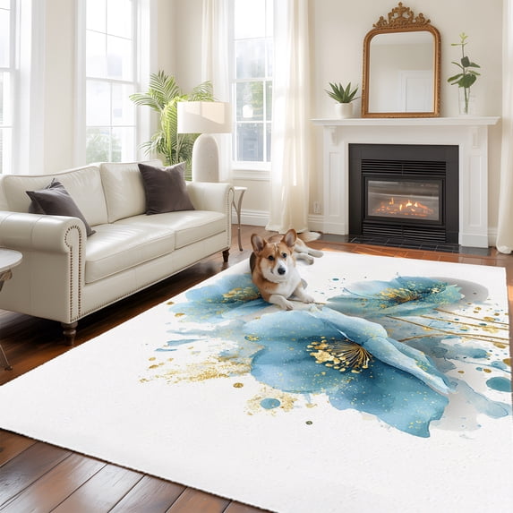 Blue Flower Washable Area Rug 8x10 Watercolor Floral Abstract Modern ...