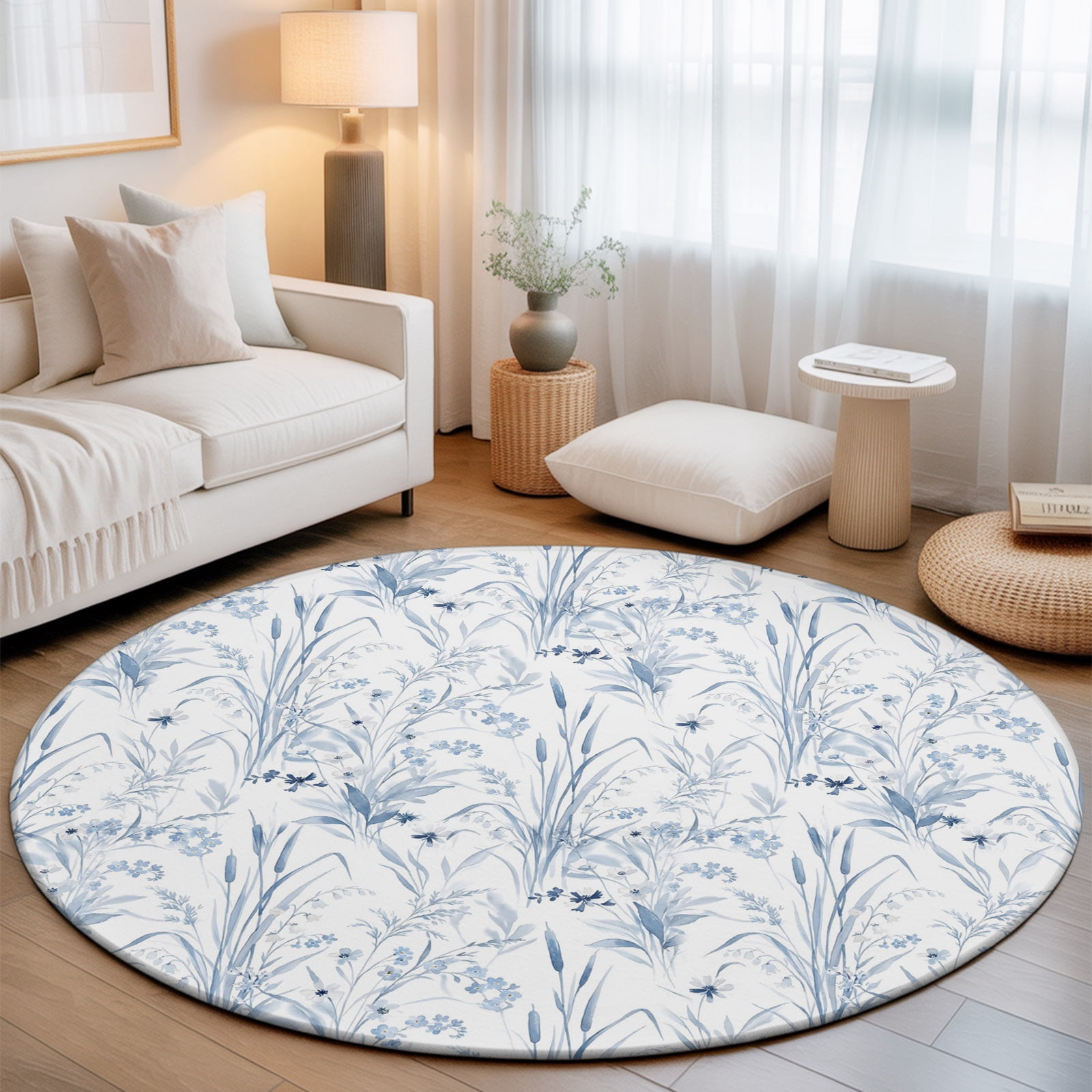 Blue Flower Washable Round Area Rug 7 ft, Country Vintage Minimalist ...