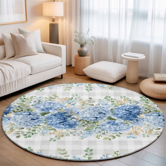Blue Flower Washable Round Area Rug 7 ft, Summer Country Hydrangea ...