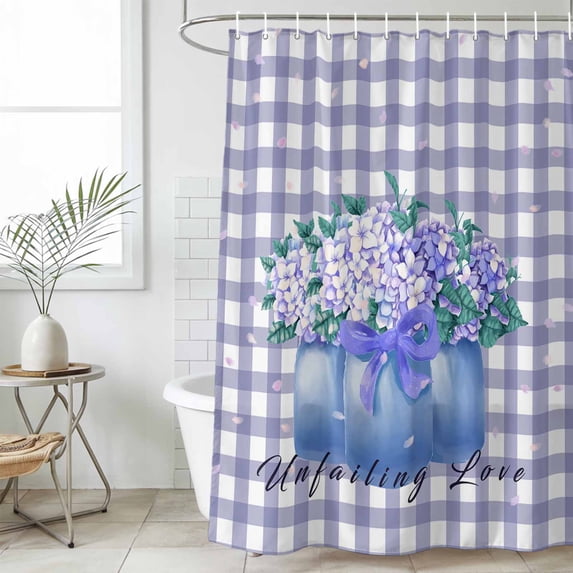Blue Flower,Waterproof Fabric Shower Curtain,Green Leaves Rustic Plaid ...
