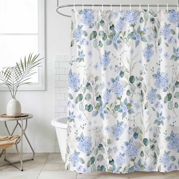 Blue Flower Waterproof Fabric Shower Curtain,Sage Green Eucalyptus Leaf ...