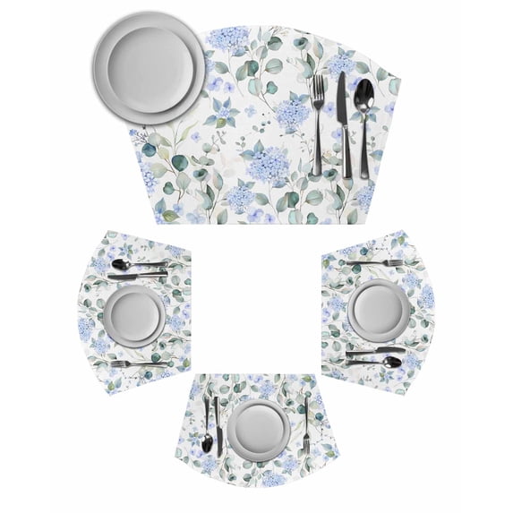 Blue Flower Wedge Shaped Placemats Set of 4, Cotton Linen Fan Place ...