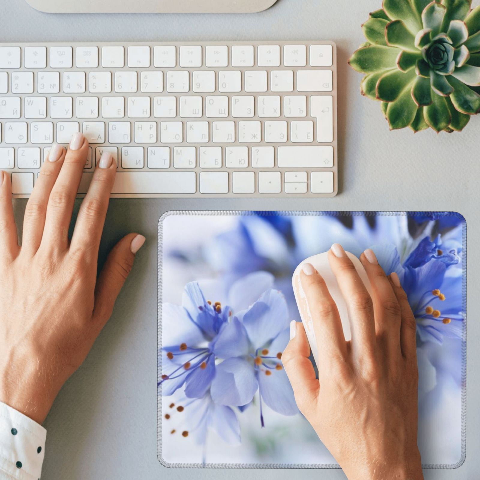 Blue Flower White Background Yellow Pollen Print Rubber Lock Edge Mouse ...