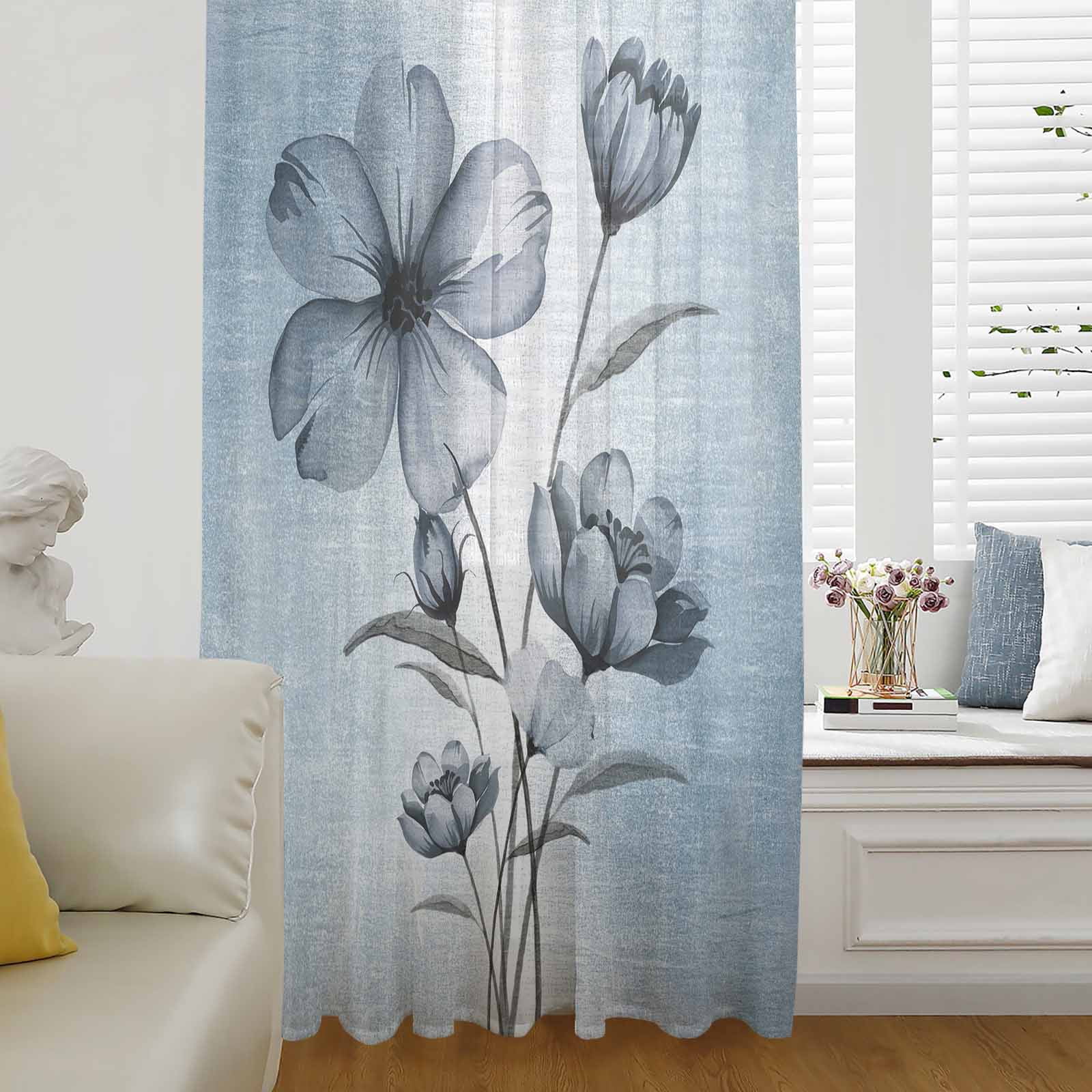 Blue Flower Window Curtain 63 Inches Long,Retro Gradient Texture ...