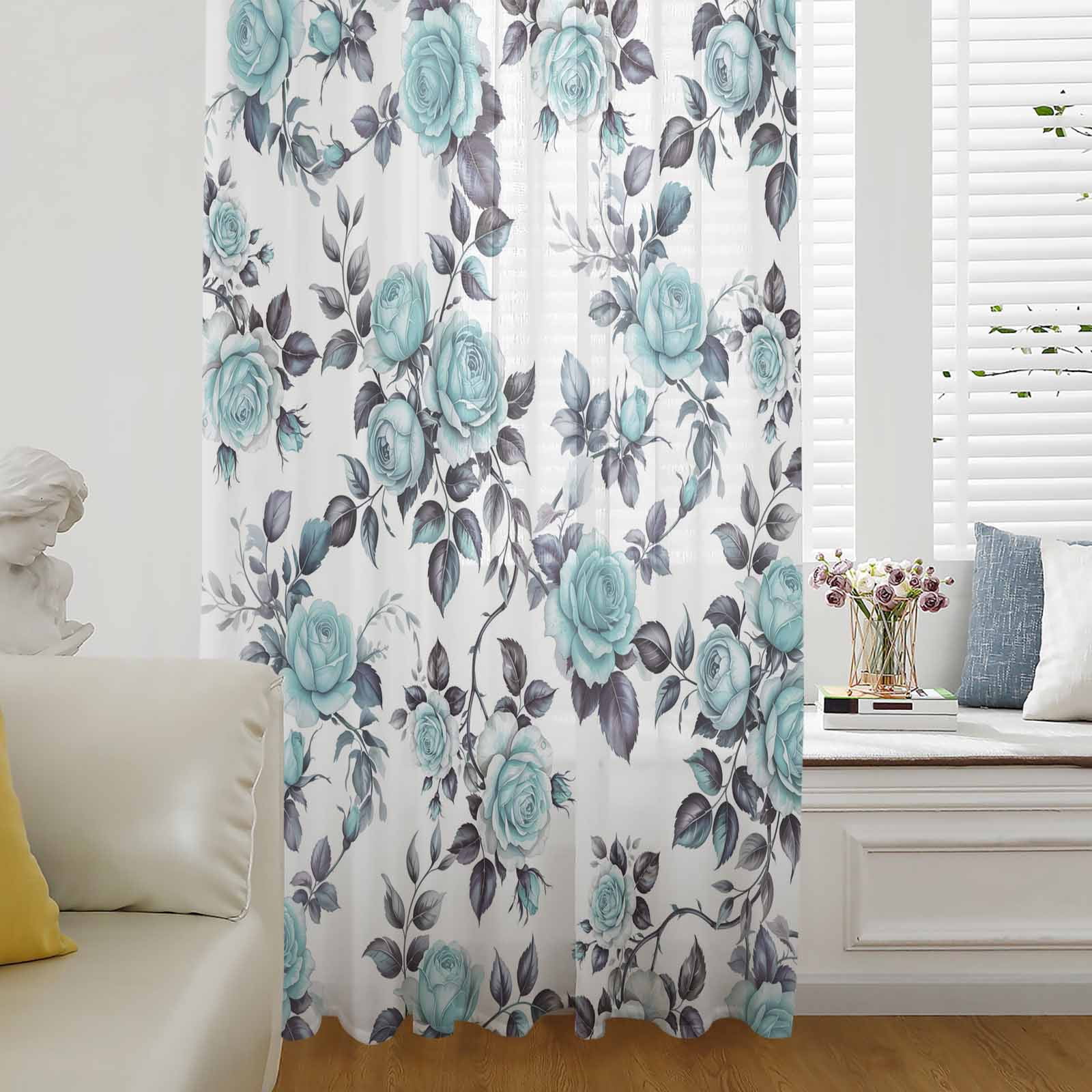 Blue Flower Window Curtain 63 Inches Long,Vintage Country Botanical ...
