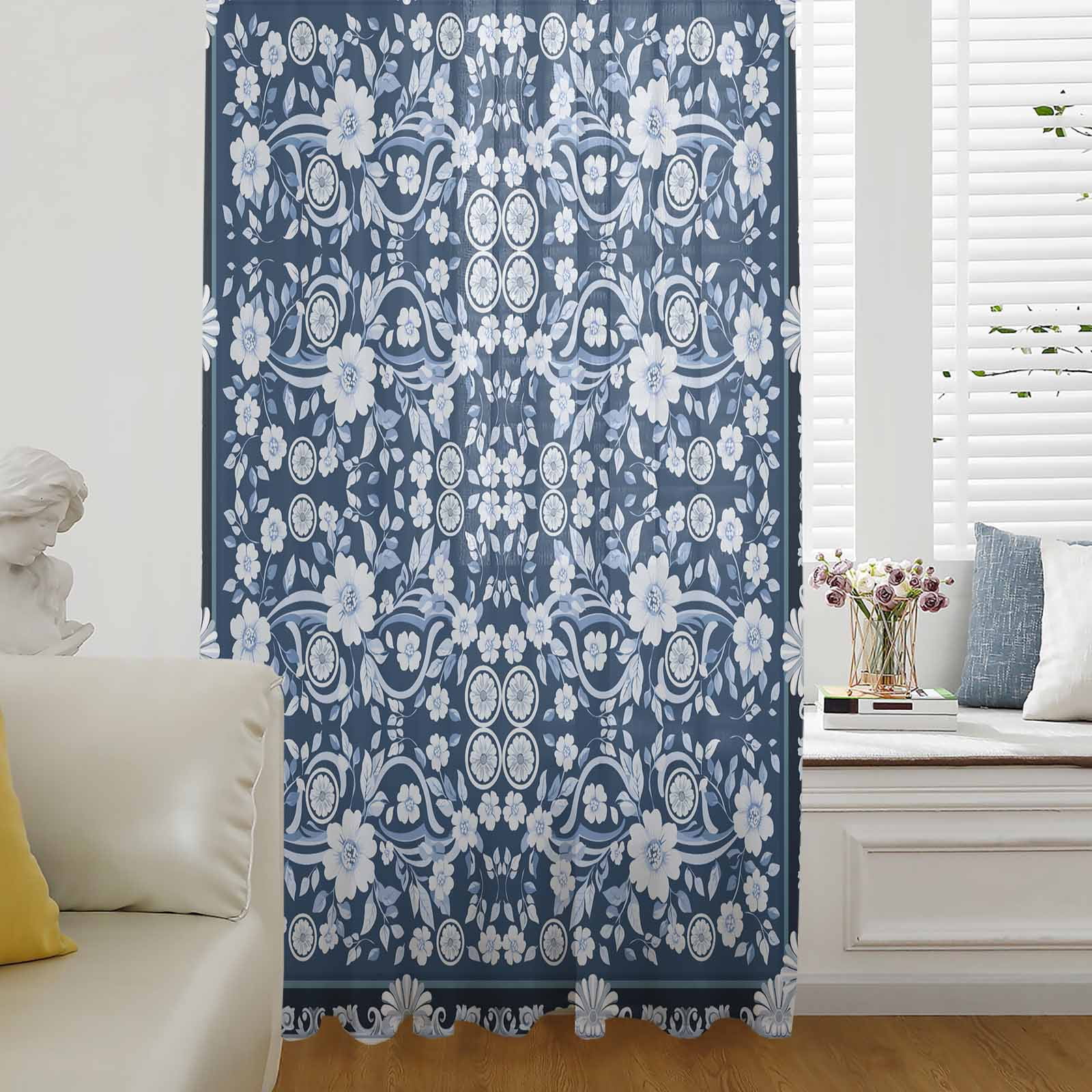 Blue Flower Window Curtain 72 Inches Long,Boho Vintage Floral Leaf ...