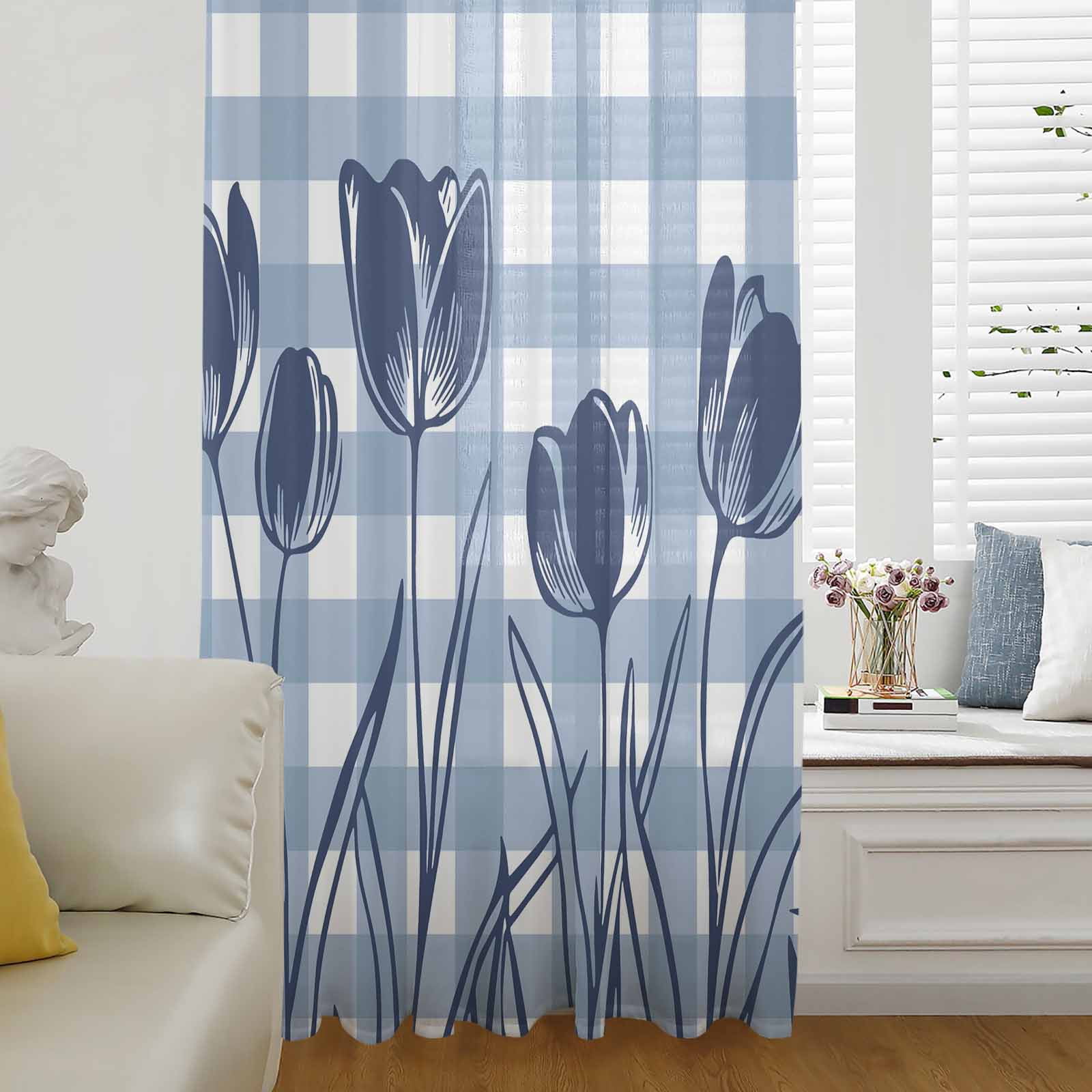 Blue Flower Window Curtain 72 Inches Long,Tulip Floral Country Plaid ...