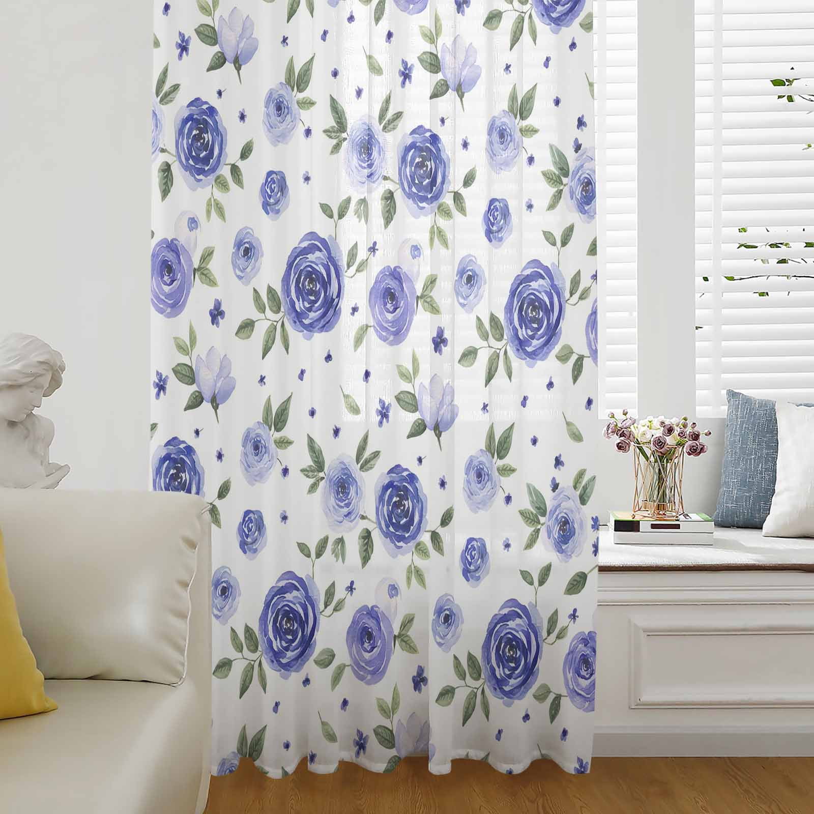 Blue Flower Window Curtain 96 Inches Long,Rose Leaf Abstract Farmhouse ...