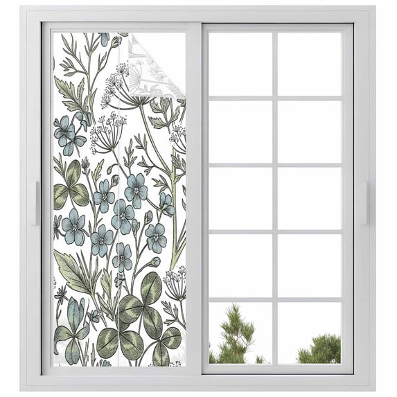 Blue Flower Window Privacy Film, Green Leaf Spring Wildflowers Country ...