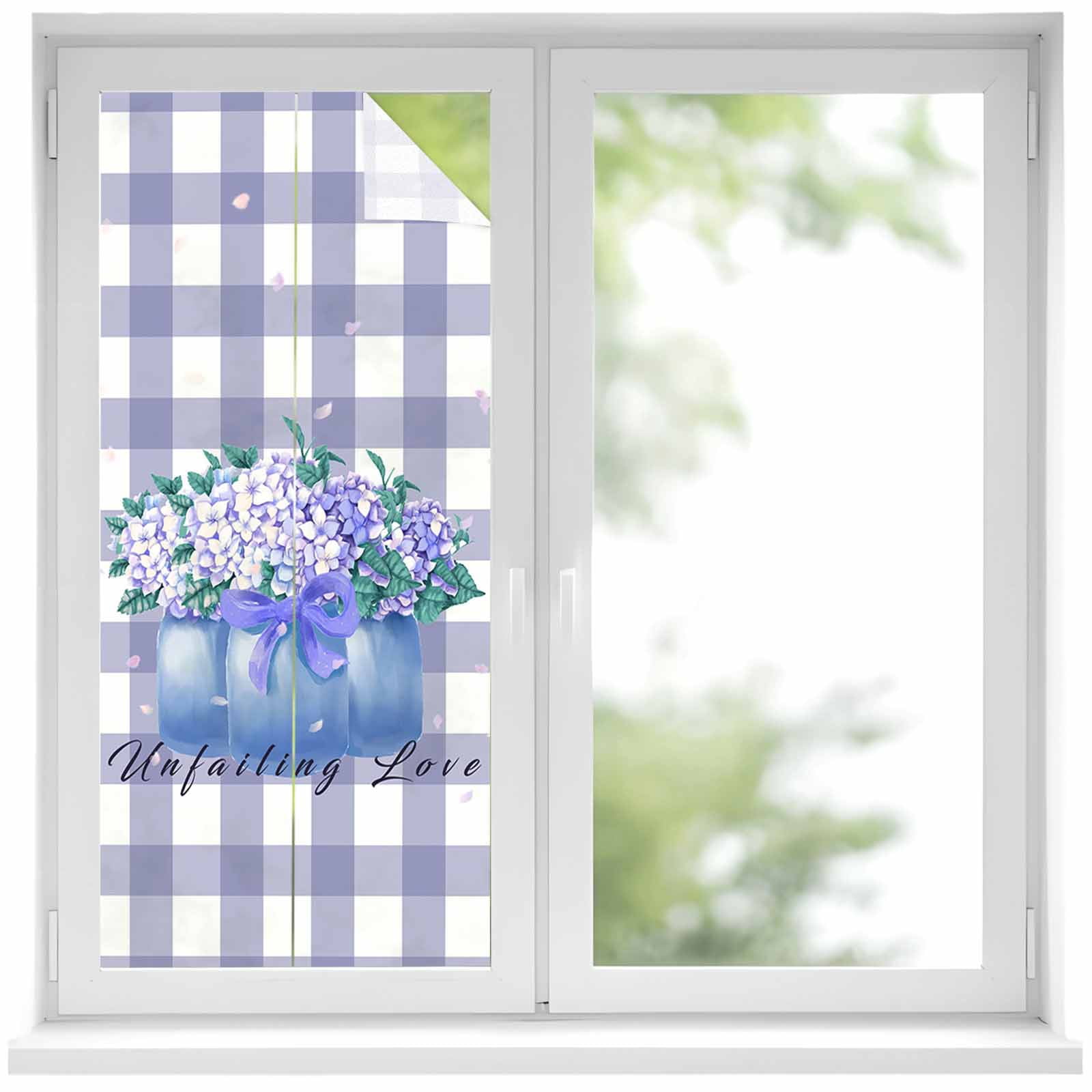 Blue Flower Window Privacy Film, Green Leaves Rustic Plaid Purple ...