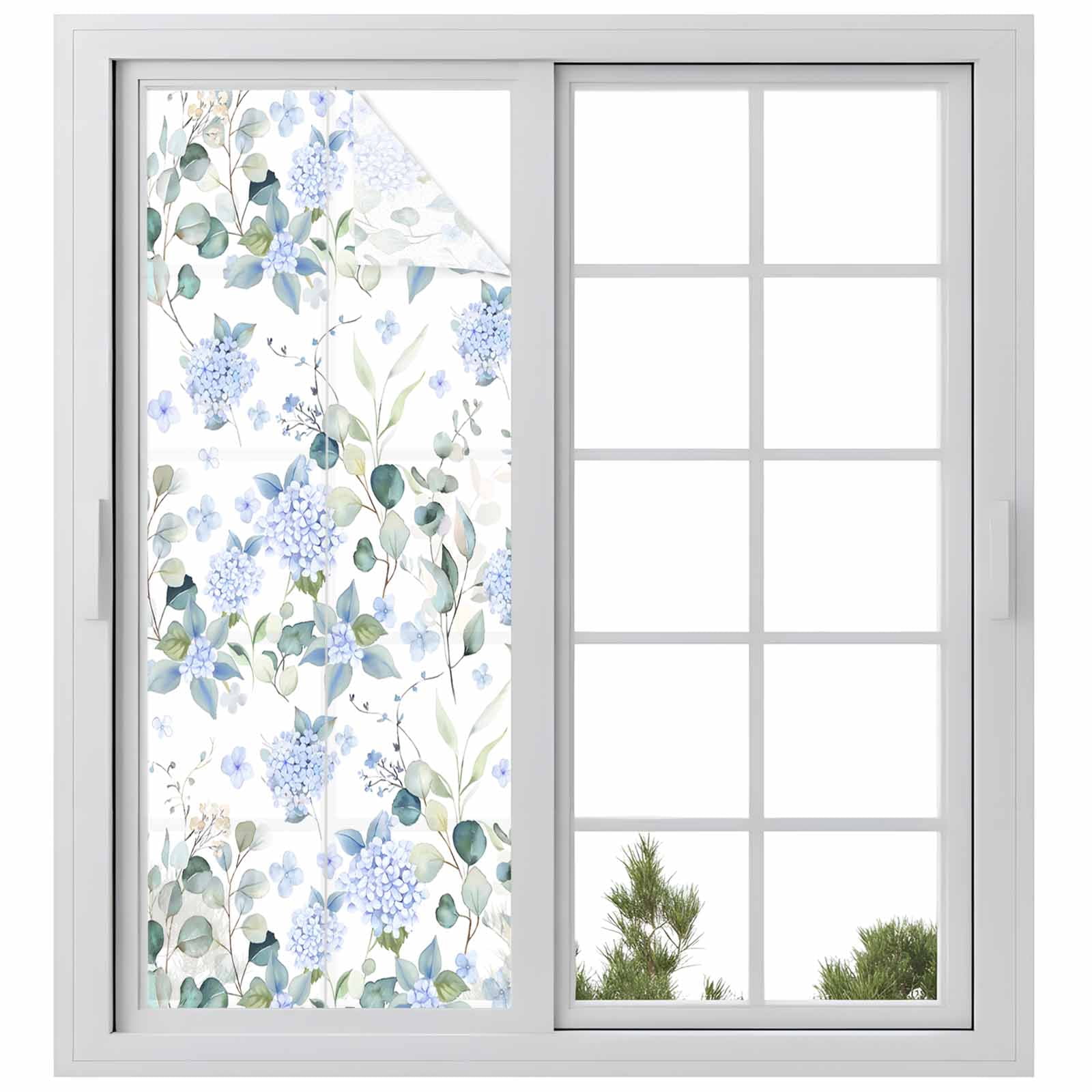 Blue Flower Window Privacy Film, Sage Green Eucalyptus Leaf Farmhouse ...