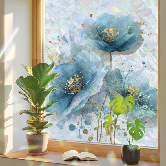 Blue Flower Window Privacy Film, Watercolor Floral Abstract Modern ...