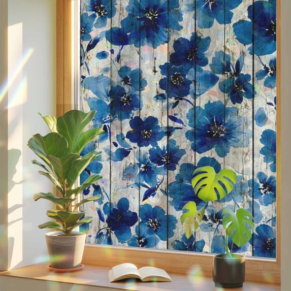 Blue Flower Window Privacy Film, Watercolor Floral Vintage Wood Striped ...