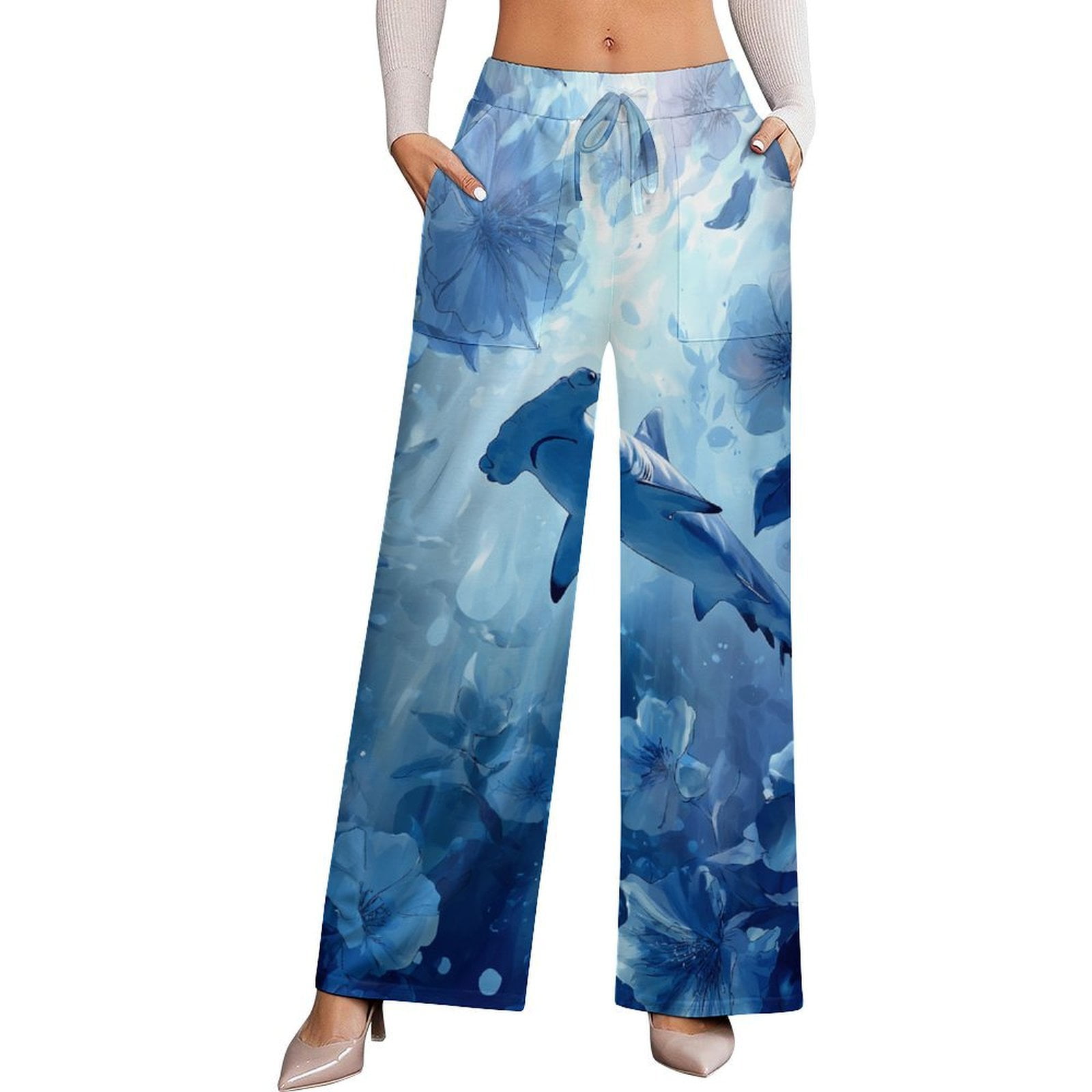 Blue Flower With Hammerhead Shark Women's Casual Wide Leg Pants Comfort ...