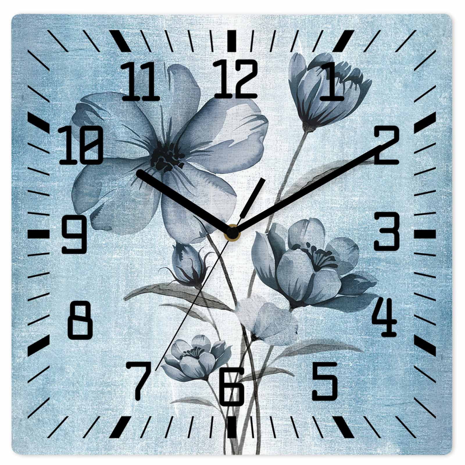 Blue Flower Wooden Wall Clock Silent Non Ticking, Retro Gradient ...