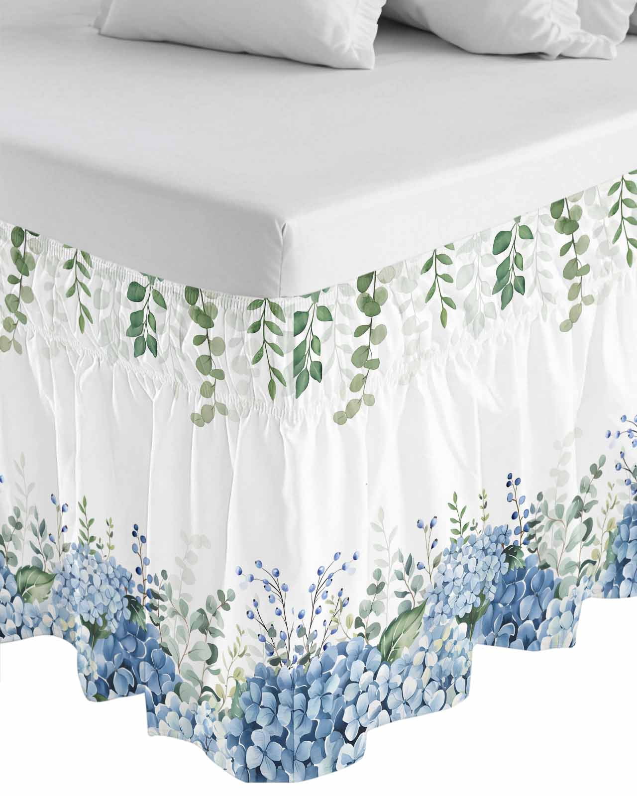 Blue Flower Wrap Around Bed Skirts for King Bed 18" Drop,Bed Skirt with ...